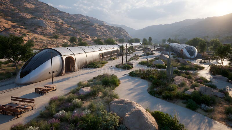 Futuristic Hyperloop Train Station Concept Design in Natural Landscape with Mountains and Green ...
