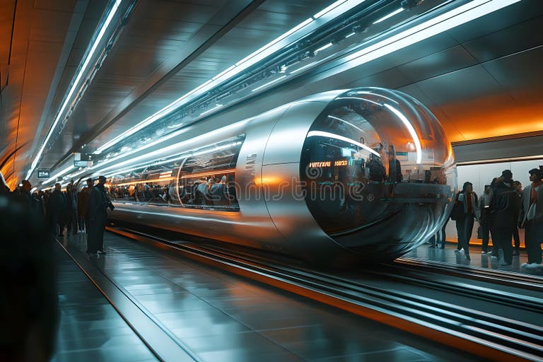 Futuristic Hyperloop Transit Tube with Passengers in a Modern Station ...