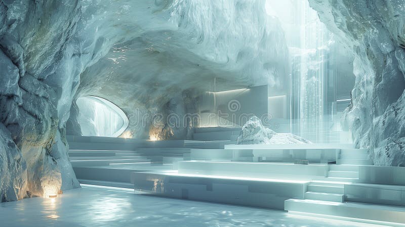 Futuristic Ice Cave Interior with Illuminated Platforms Stock ...