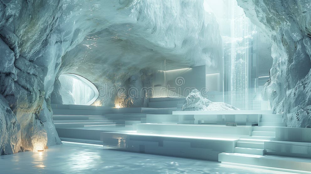 Futuristic Ice Cave Interior with Illuminated Platforms Stock ...