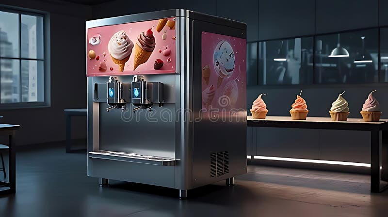 A-futuristic Ice-cream Machine with Different Flavors in Cups. Stock ...