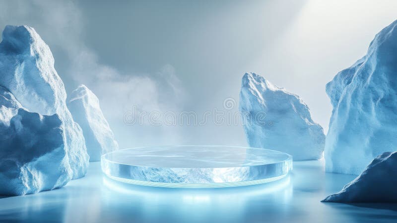 Futuristic Ice Podium Surrounded by Massive Frozen Rocks in Misty ...