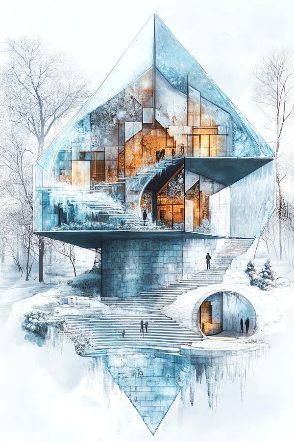 Futuristic Ice Structure Blending Art and Nature in Serene Surroundings Stock Illustration ...