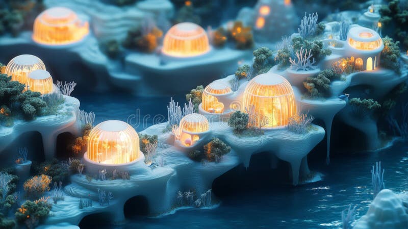 Futuristic Ice Village with Glowing Domes at Night Stock Illustration ...