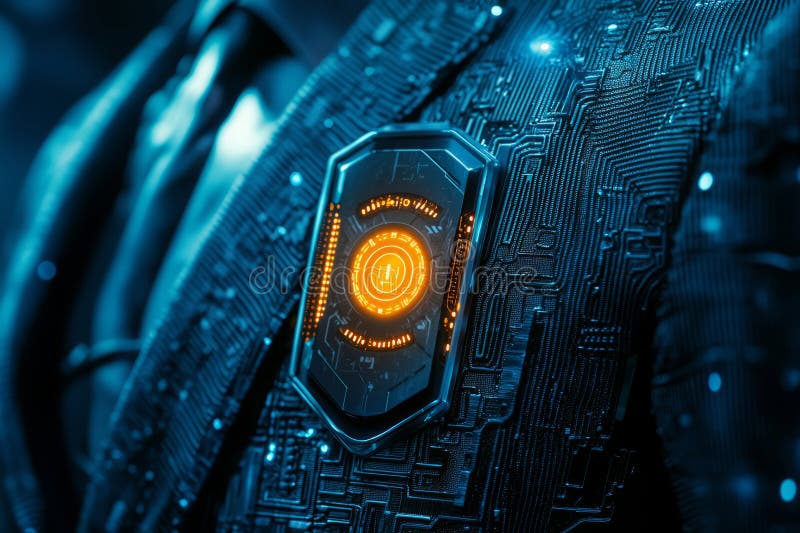 Futuristic ID Badge Glowing on Cybernetic Suit Stock Photo - Image of ...