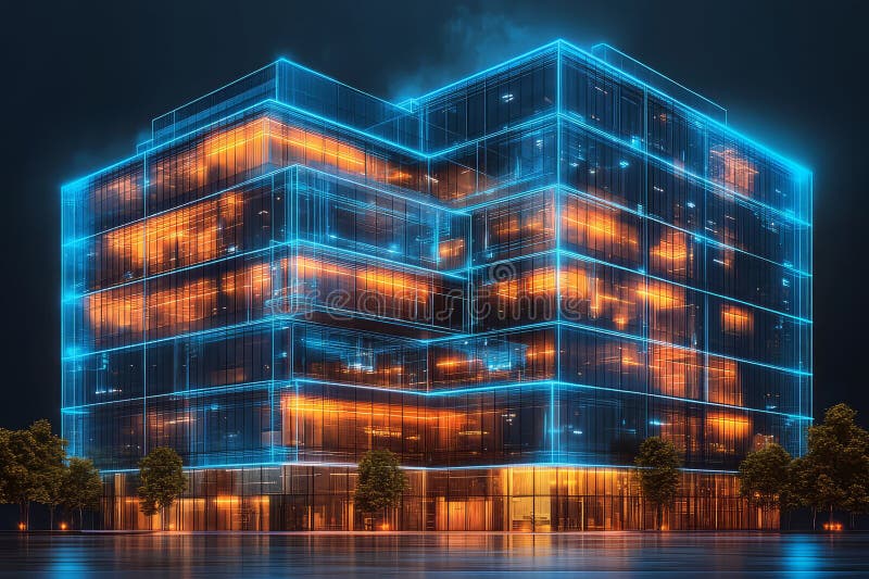 Futuristic Illuminated Building with Glowing Outlines at Night ...