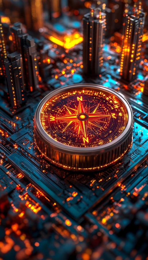 Futuristic Illuminated City Digital Compass, Symbolizing Direction ...