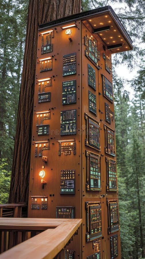 Futuristic Illuminated Control Panel in Forest: Nature Meets Technology ...