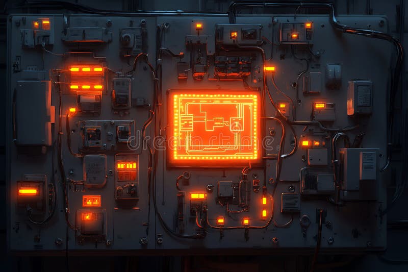 Futuristic Illuminated Control Panel with Glowing Orange Circuits and ...