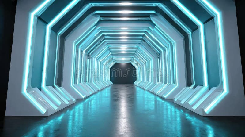 Futuristic Illuminated Corridor with Blue Neon Lights. Modern Architecture and Sci-Fi Design ...