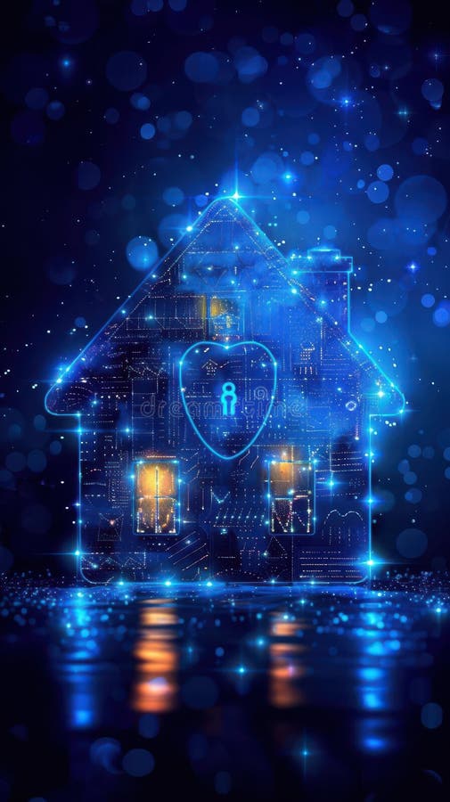 Futuristic, Illuminated House with a Lock Icon, Floating in a Digital ...