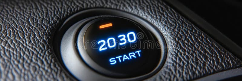 Futuristic Illuminated Ignition Start Button with 2030 on Elegant Black ...
