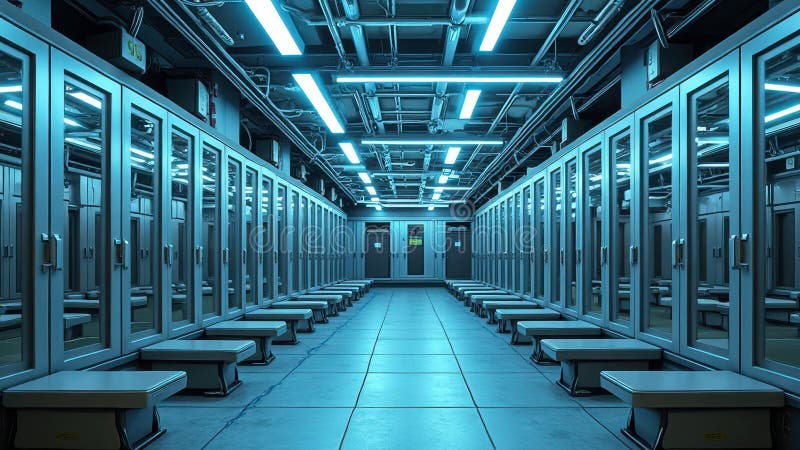 Futuristic Illuminated Locker Room with Mirror Cabinets and Benches ...