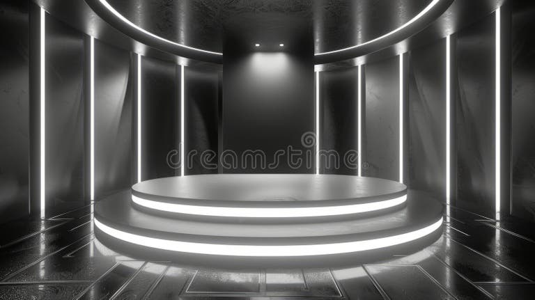 Futuristic Illuminated Stage with Circular Platform and Vertical Light ...