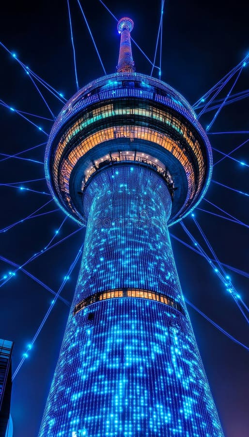 Futuristic Illuminated Tower Structure with Blue Digital Display Data ...
