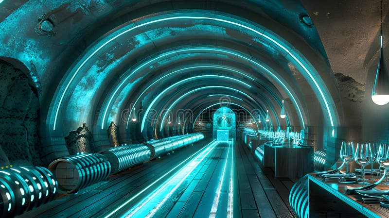 A Futuristic, Illuminated Tunnel Interior with Dining Setup and Sleek ...