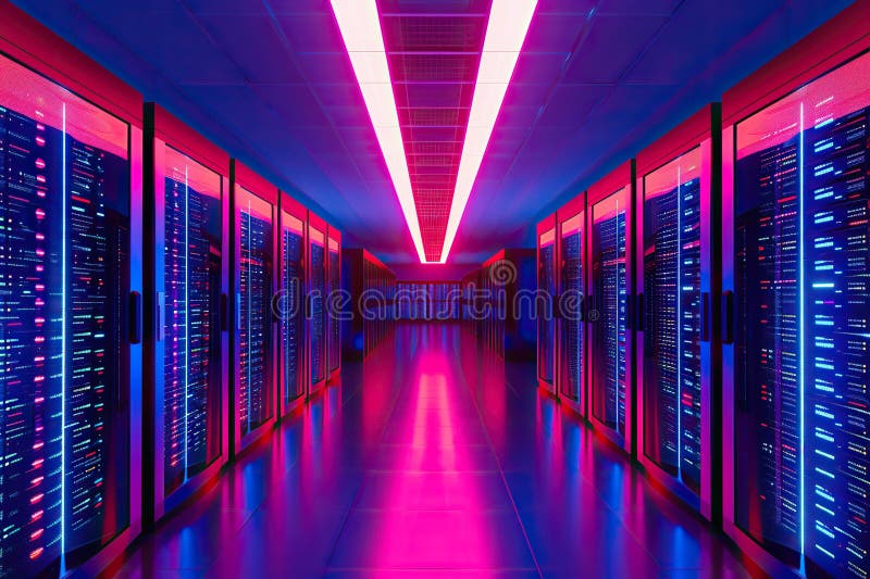 Futuristic Illumination, High-Tech Server Room with Intense Fluorescent ...