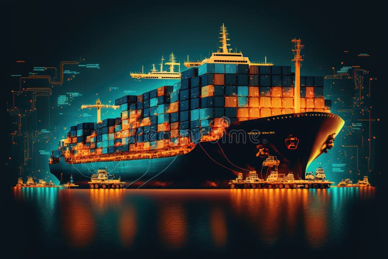 Futuristic Illustration of Cargo Ship with Containers and Network ...