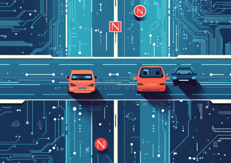 Futuristic Illustration of Cars on a Connected Digital Road Map Stock ...
