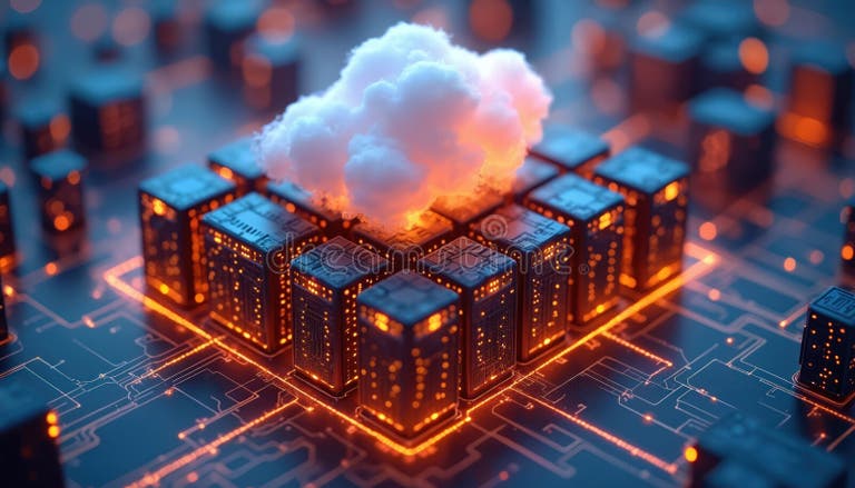 Futuristic Illustration of Cloud Computing Data Center. Glowing Cloud ...