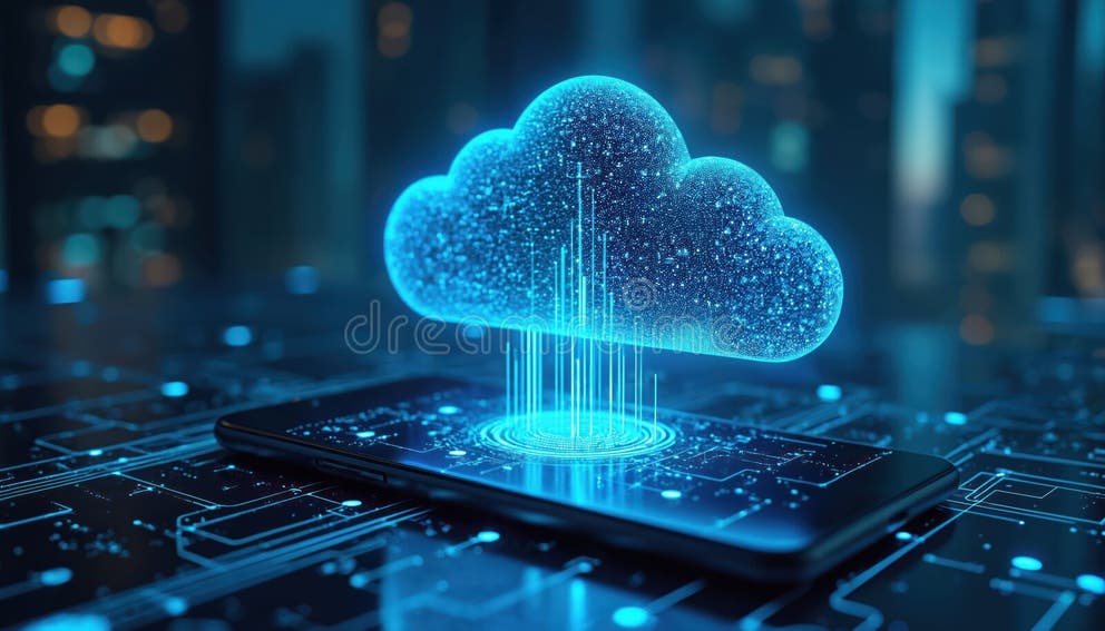 Futuristic Illustration Cloud Computing. Digital Cloud Hologram Over Mobile Phone, Wireless ...