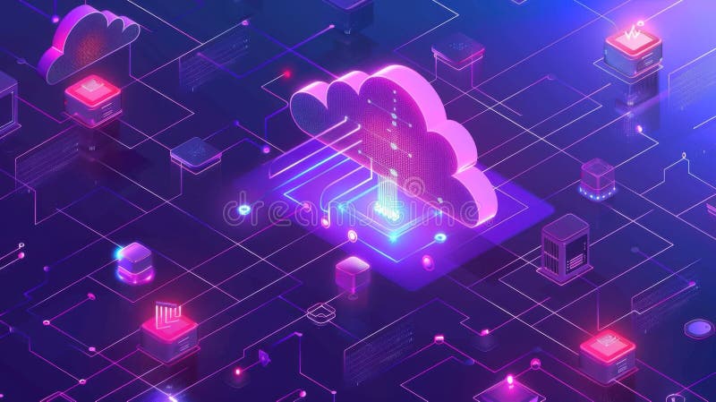 Futuristic Illustration of Cloud Computing Technology with Neon Colors ...