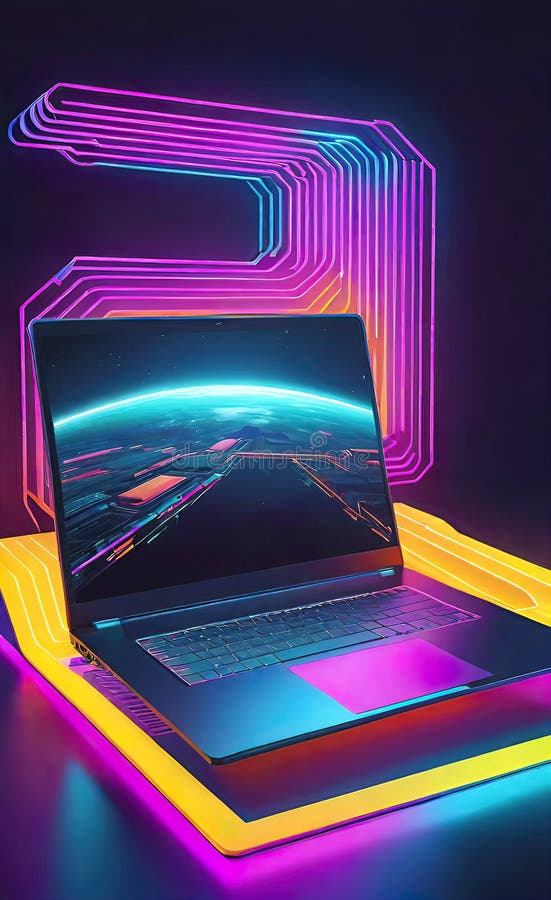 Futuristic Illustration of Computer Technology with Laptop in Neon ...
