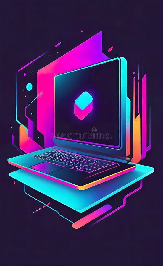 Futuristic Illustration of Computer Technology with Laptop in Neon ...