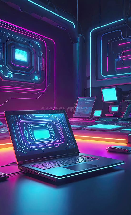 Futuristic Illustration of Computer Technology with Laptop in Neon ...