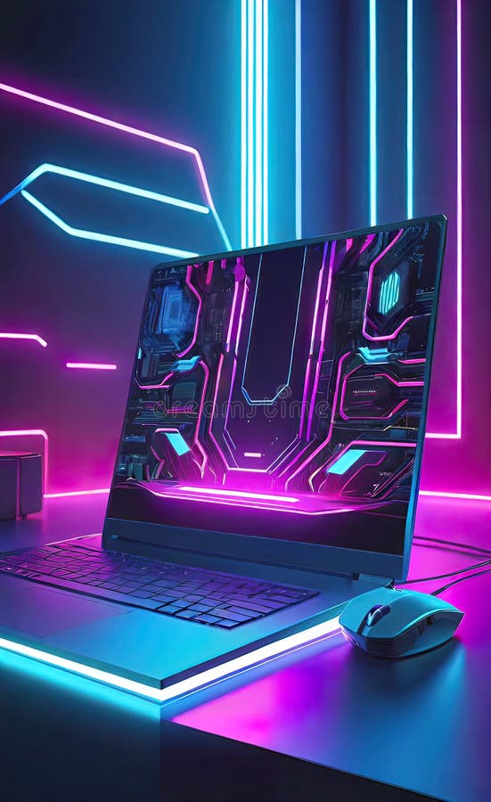 Futuristic Illustration of Computer Technology with Laptop in Neon ...
