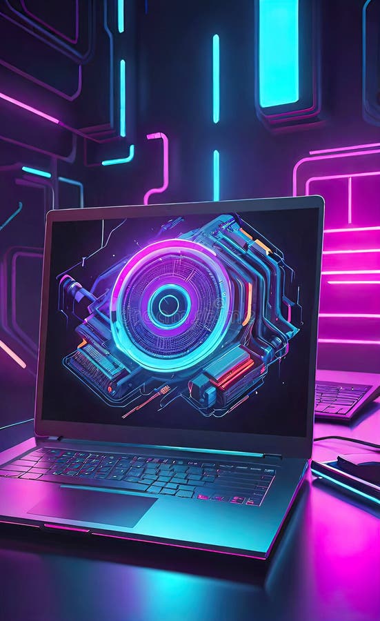 Futuristic Illustration of Computer Technology with Laptop in Neon ...