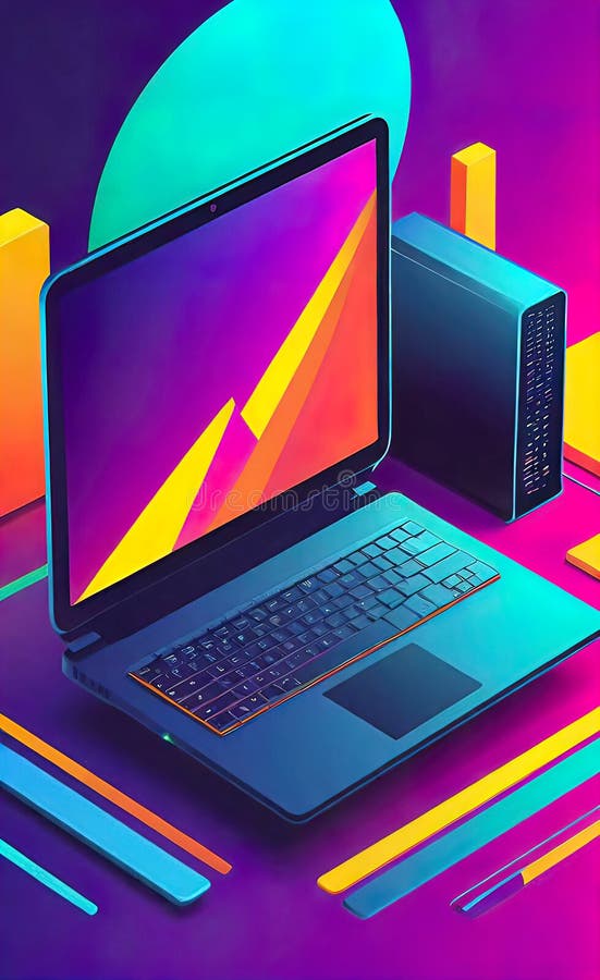 Futuristic Illustration of Computer Technology with Laptop in Neon ...