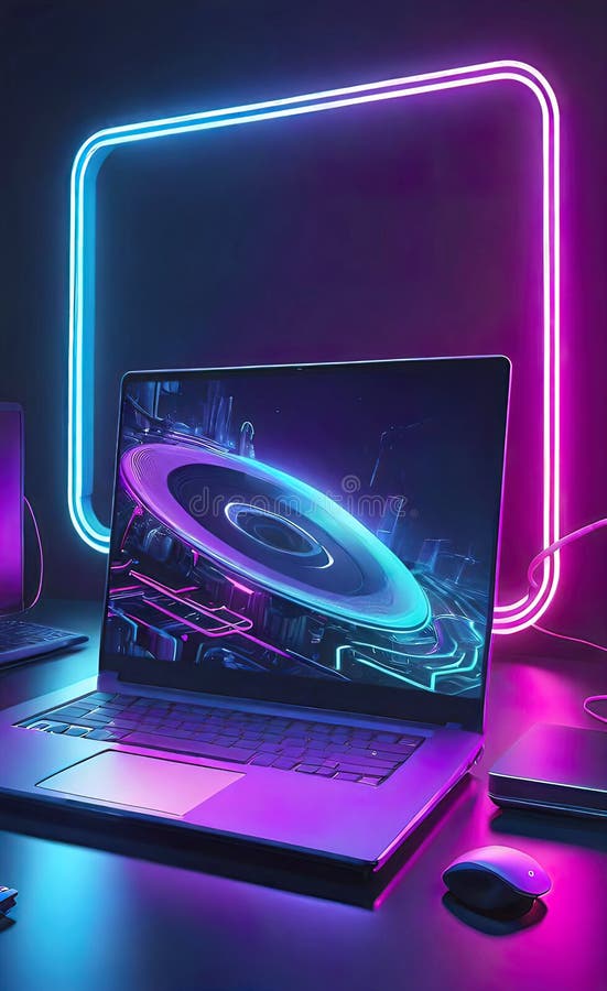 Futuristic Illustration of Computer Technology with Laptop in Neon ...
