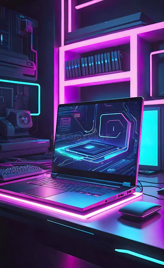 Futuristic Illustration of Computer Technology with Laptop in Neon ...