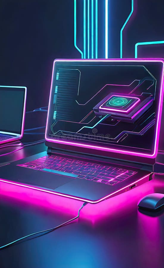 Futuristic Illustration of Computer Technology with Laptop in Neon ...