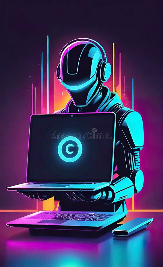 Futuristic Illustration of Computer Technology with Laptop in Neon ...