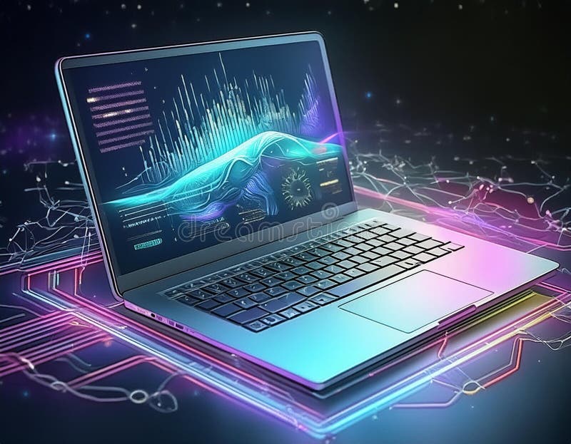 Futuristic Illustration about Computer Technology with a Laptop in Neon ...