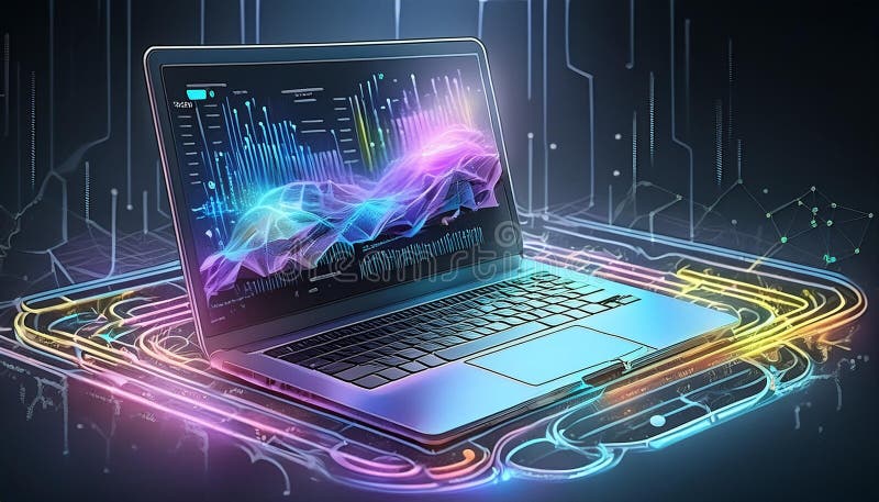 Futuristic Illustration about Computer Technology with a Laptop in Neon ...