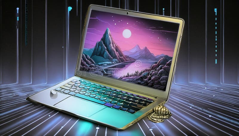 Futuristic Illustration about Computer Technology with a Laptop in Neon ...