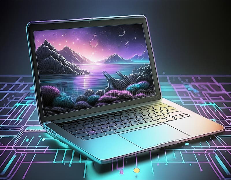 Futuristic Illustration about Computer Technology with a Laptop in Neon ...