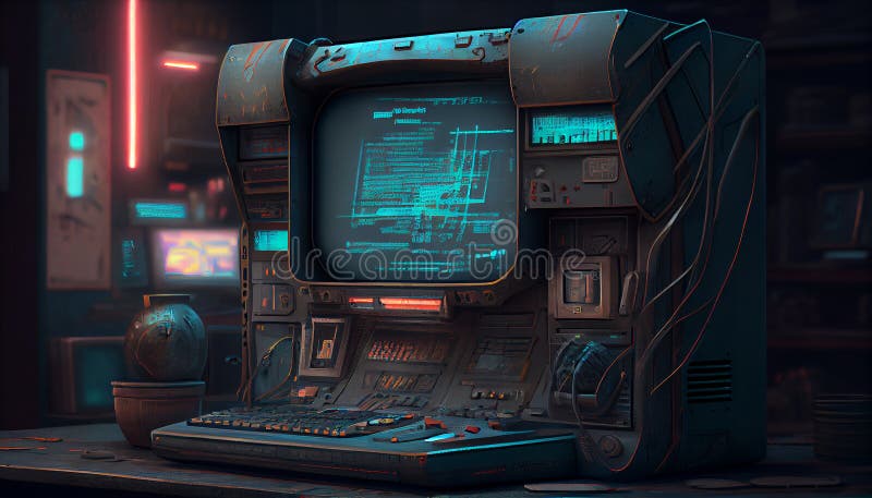 A Futuristic Illustration of a Computer Terminal in a Cyberpunk-themed ...