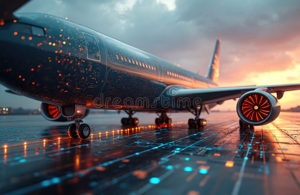 Futuristic Illustration Features Airplane, Embedded Microchip Graphic. Digital Twin Tech ...