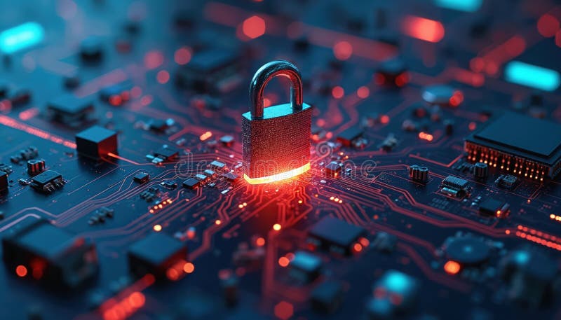 Futuristic Illustration Features Padlock on Circuit Board, Zero Trust Security. Data Protection ...