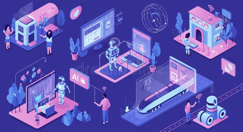 Futuristic Illustration Featuring Humans and Robots Interacting in a ...