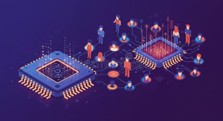 Futuristic Illustration Featuring Two Large Microchips Connected by ...