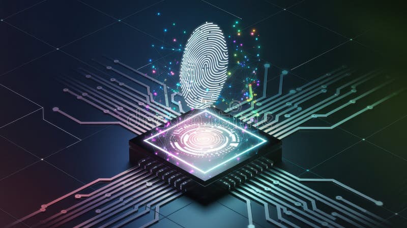 Futuristic Illustration of a Fingerprint Above a Glowing Microchip ...