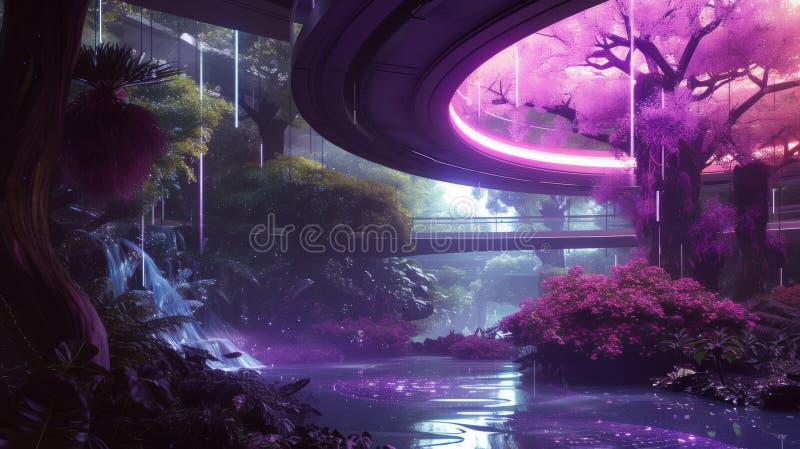 Futuristic Garden with Waterfall and Pink Neon Lights Stock Photo ...