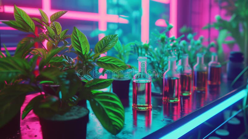 Neon-Lit Plant Laboratory with Bottles and Greenery Stock Illustration ...