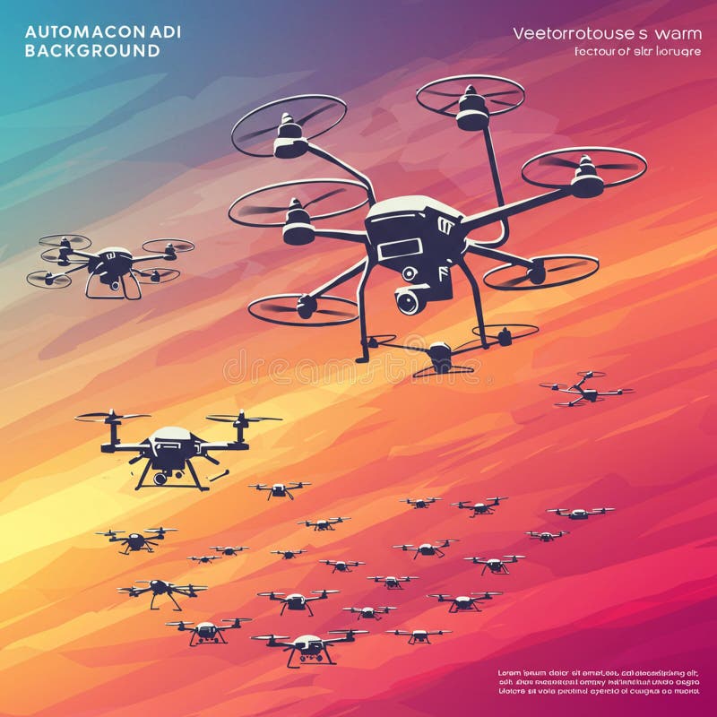 Futuristic Illustration of Multiple Drones Flying Against a Vibrant ...