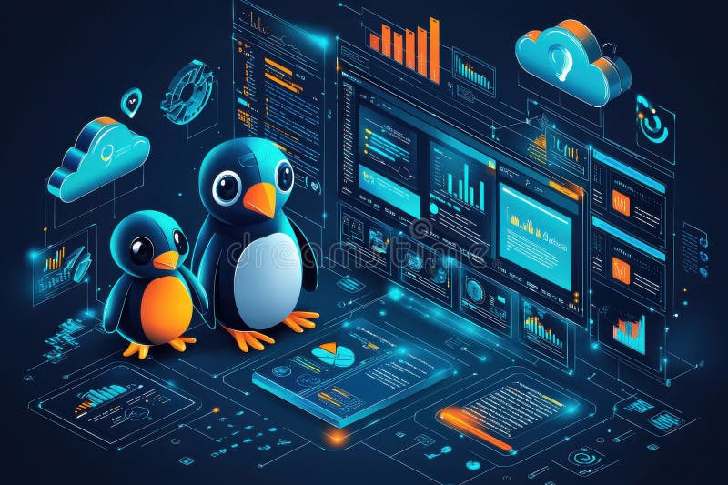 Futuristic Illustration of Penguins Interacting with Advanced Digital ...